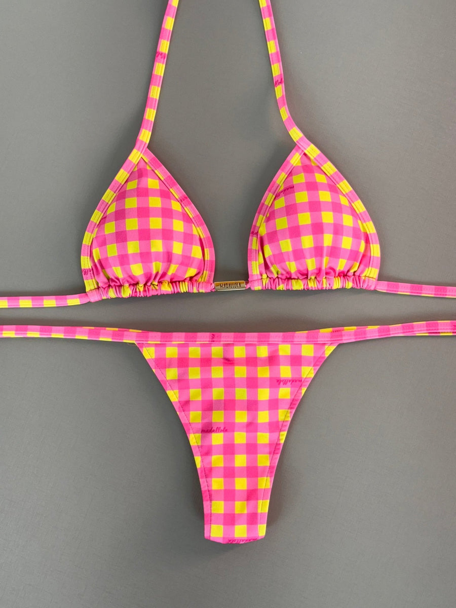 Biquíni Top Cortininha Viés E Calcinha De Amarrar Xadrez Pink Com Amar Madallola
